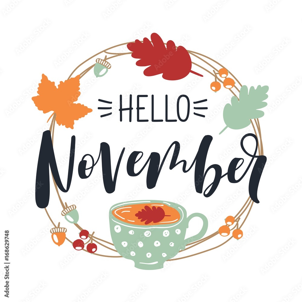 Hello november. Autumn leaves round frame. Wreath of autumn leaves ...