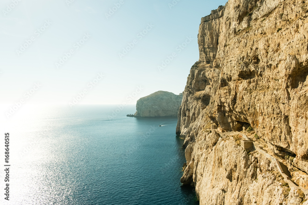The stairway leading to the Neptune's Grotto, in Capo Caccia cliffs ...