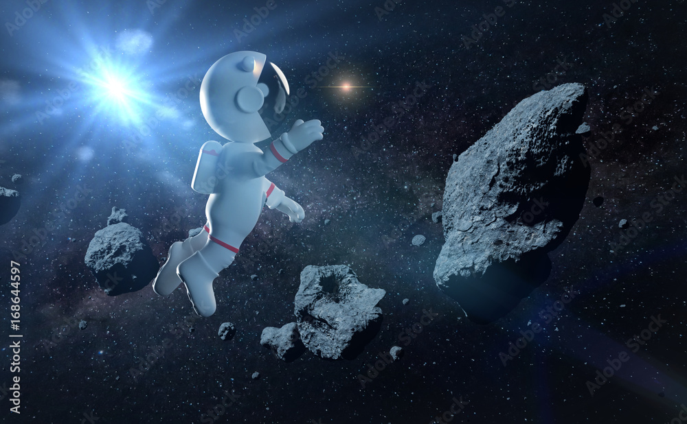cute white cartoon astronaut flying between asteroids in zero gravity ...