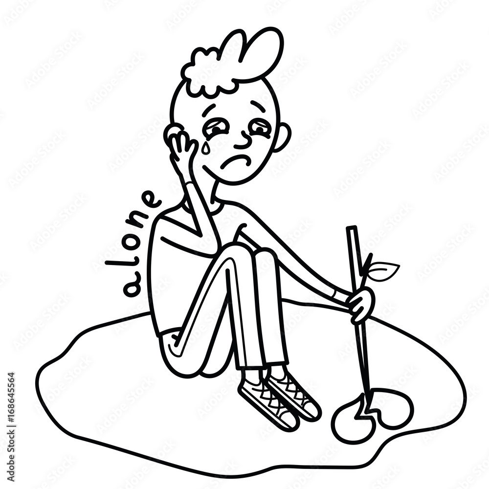 Vector drawing of a sad man with a stick in the sand draws a broken ...