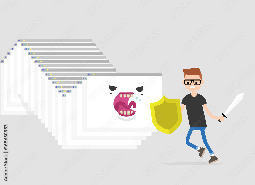 Internet monster. Hacker attack. Huge worm made of a cascade of browser ...