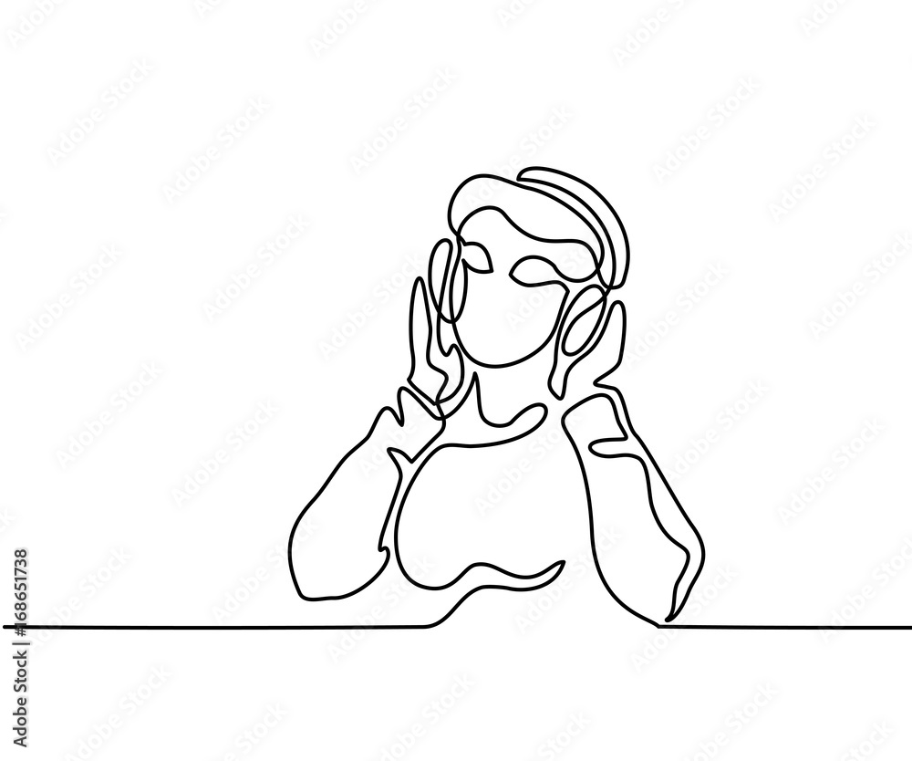 Woman listening to music on headphones. Continuous line drawing. Vector ...
