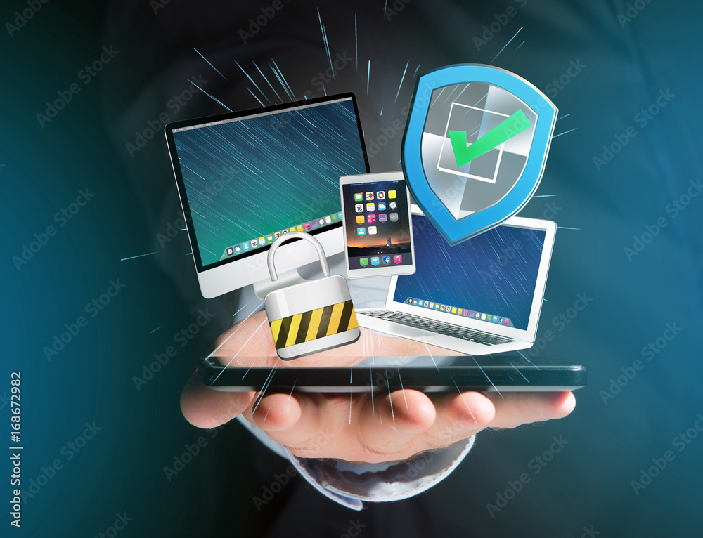 Shield symbol surrounded by padlock and devices displayed on a ...