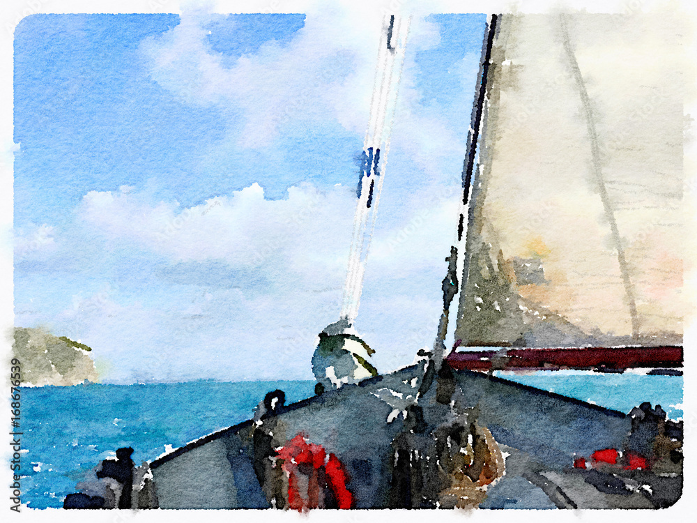 Digital watercolor painting of a ketch sailing boat in the sea with its ...