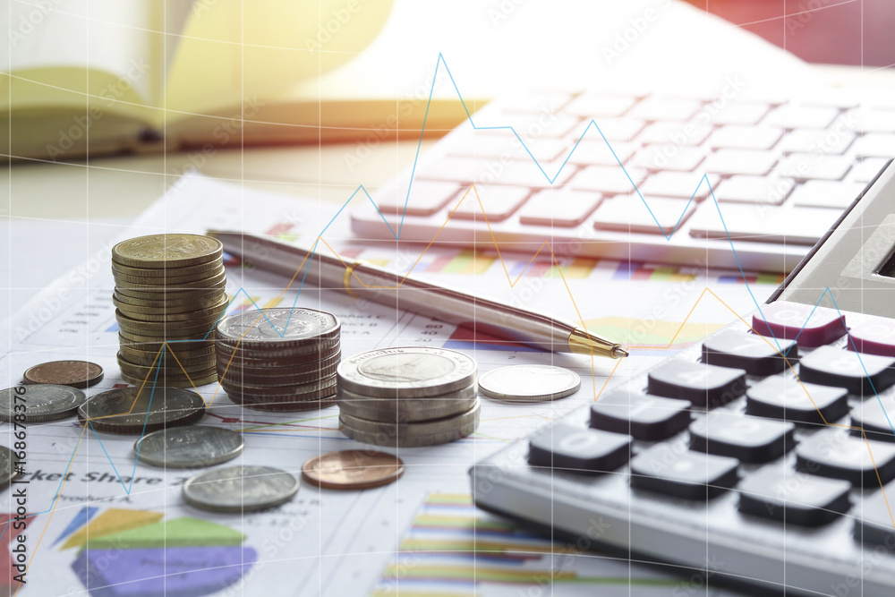 pile coin money with account book finance and banking concept for ...