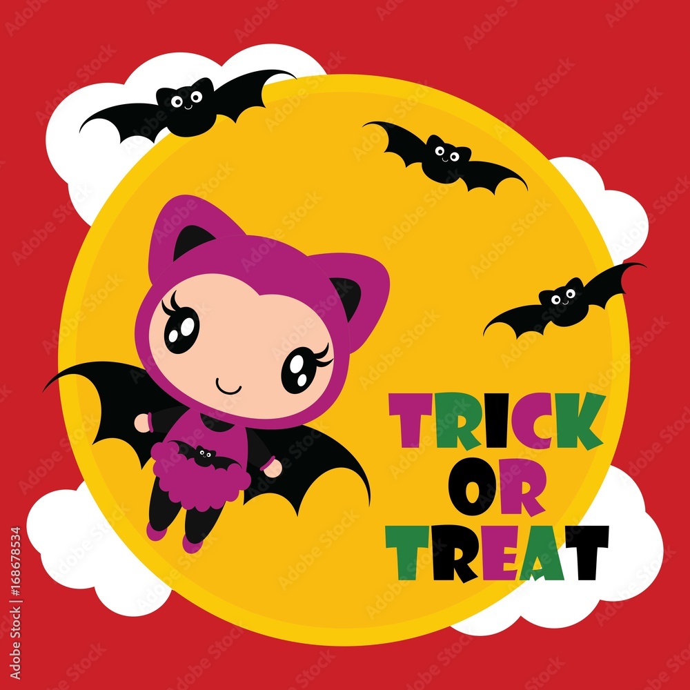 Cute bat girl flies with bats on moon background vector cartoon ...