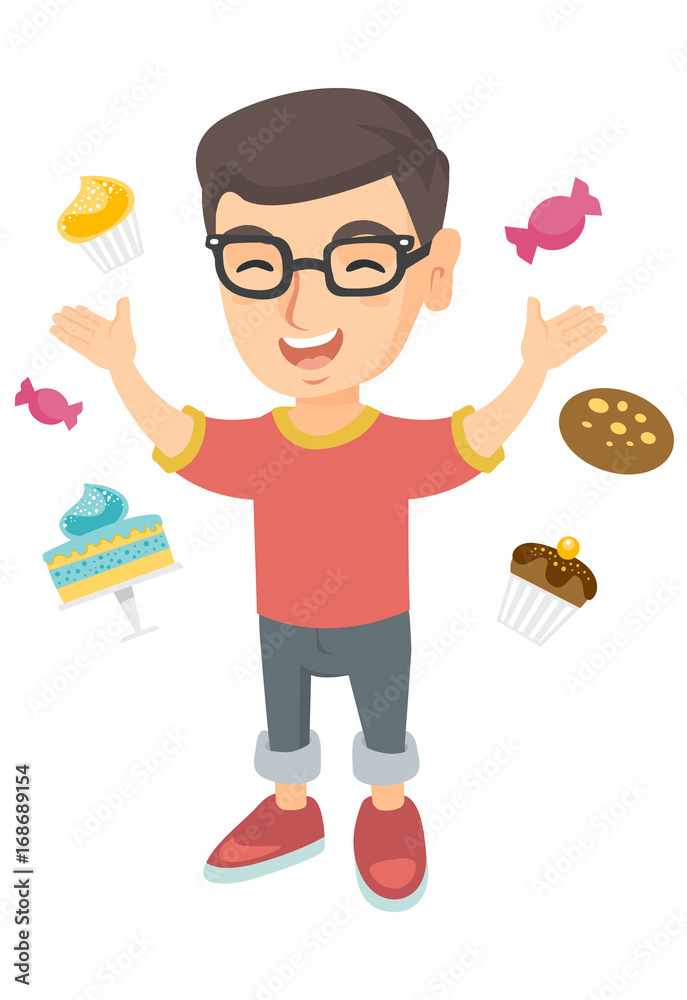 Vettoriale Stock Happy little caucasian boy standing among lots of ...