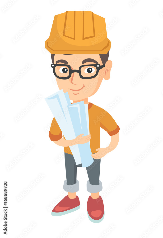 Little caucasian engineer boy wearing hard hat and holding paper plans ...