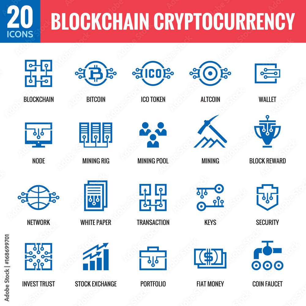 Blockchain cryptocurrency - 20 vector icons. Modern computer network ...