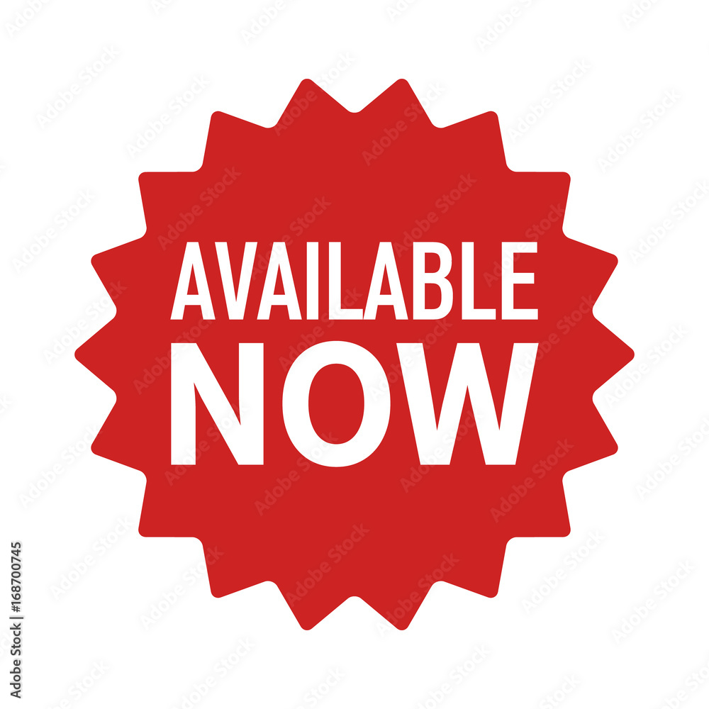 Available now label, badge, seal or burst flat vector icon for apps and ...