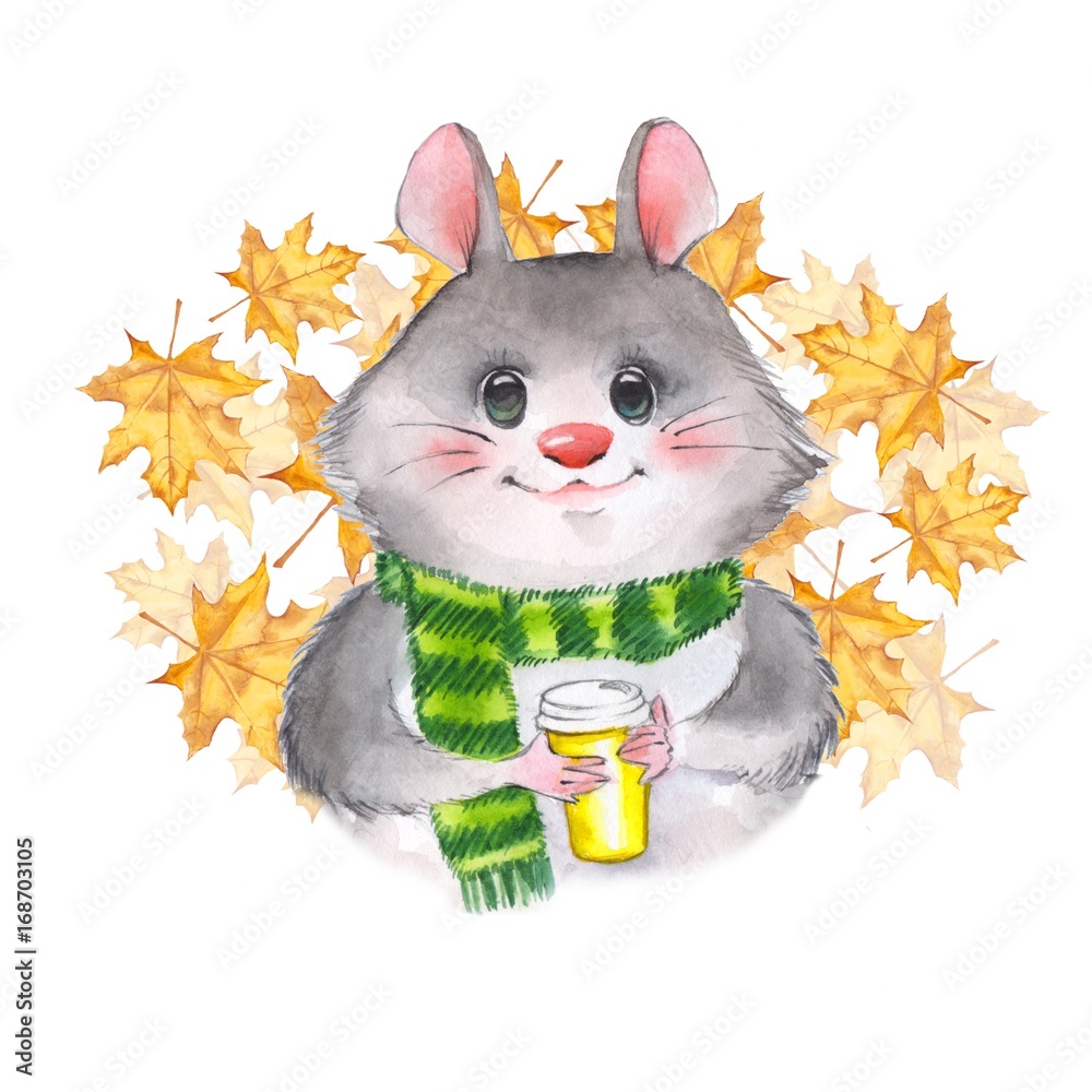 Cute cartoon mouse with coffee cup. Watercolor illustration Stock ...