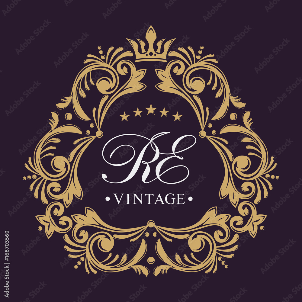 Gold graceful frame. Decorative floral border. Heraldic symbols ...