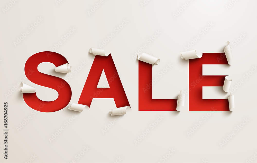 Sale banner. Cut out curled white paper over a red background Stock ...