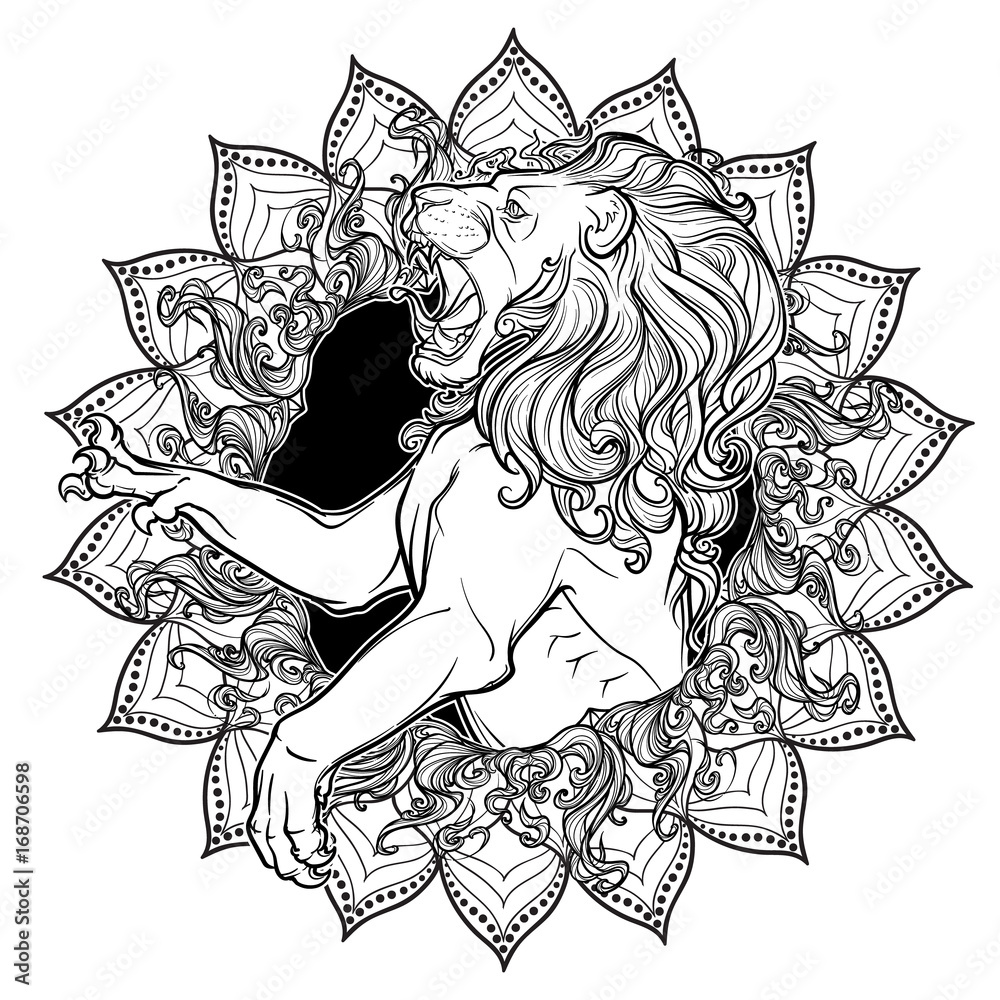 Zodiac sign of Leo with a decorative frame of sun flares and sunflower ...