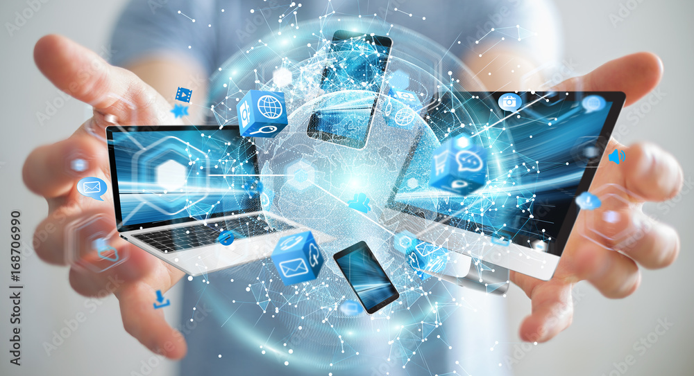 Tech devices connected to each other by businessman 3D rendering Stock ...