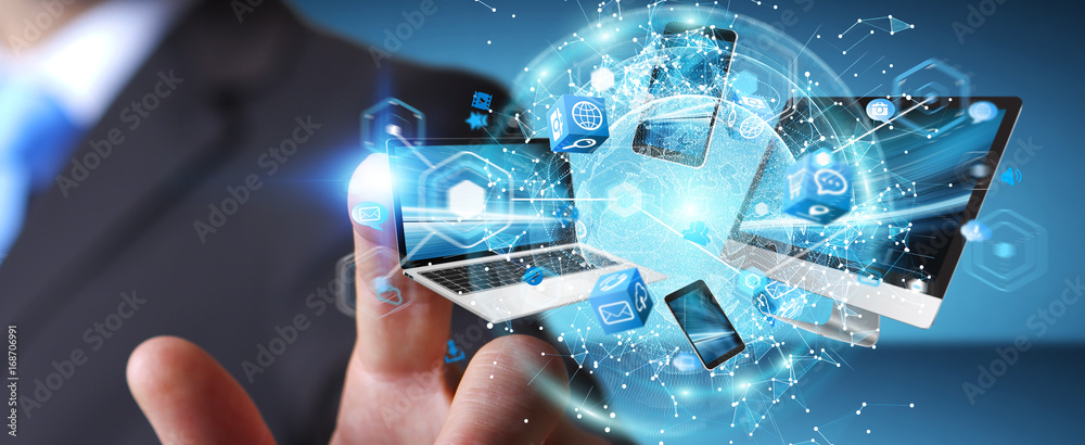 Tech devices connected to each other by businessman 3D rendering Stock ...