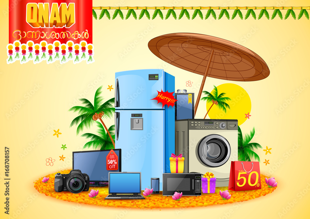 Electronics sale for advertisement and promotion background for Happy Onam festival of South ...