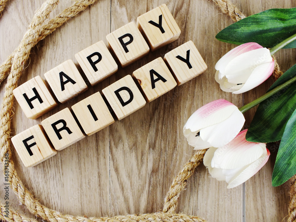 happy friday top view with tulip bouquet Stock Photo | Adobe Stock