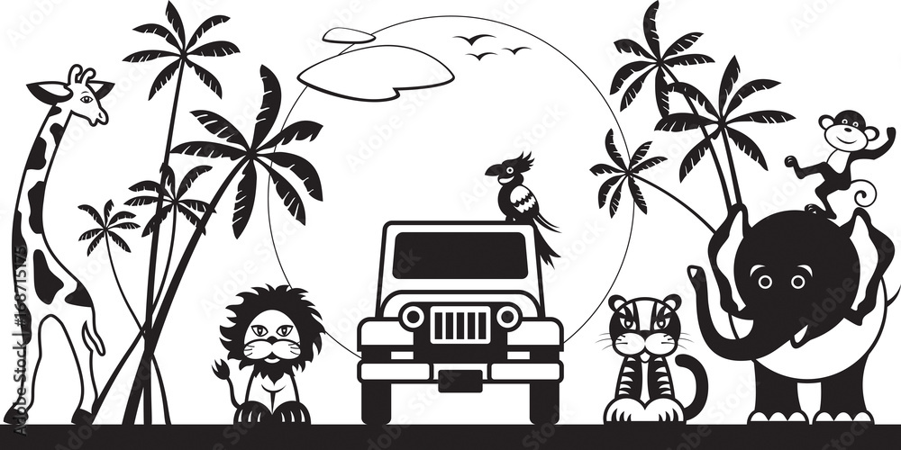 Safari in jungle with wild animals - vector illustration Stock Vector ...