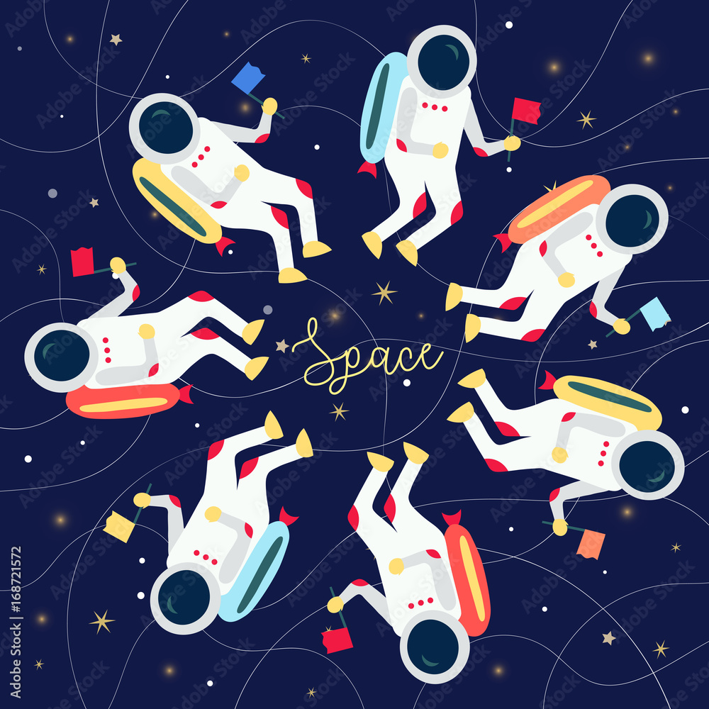 Cartoon astronauts with flags in a circle flying in outer space Stock ...