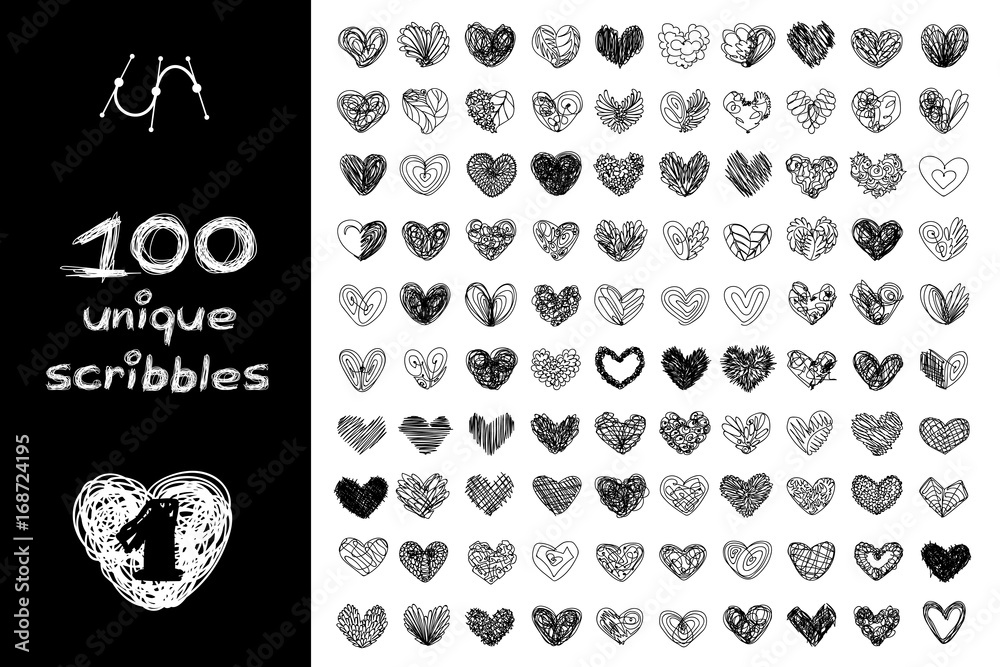 vector SET 100 heart SCRIBBLES Part 1. Clip art isolated on transparent ...