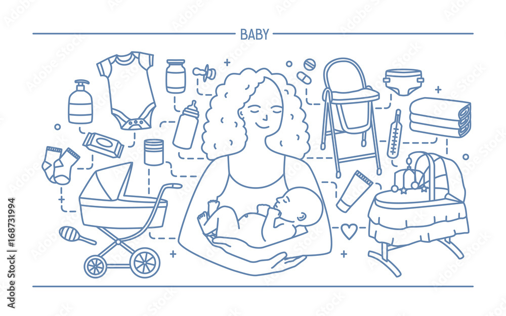 Maternity concept. Horizontal banner with mother and baby, different ...