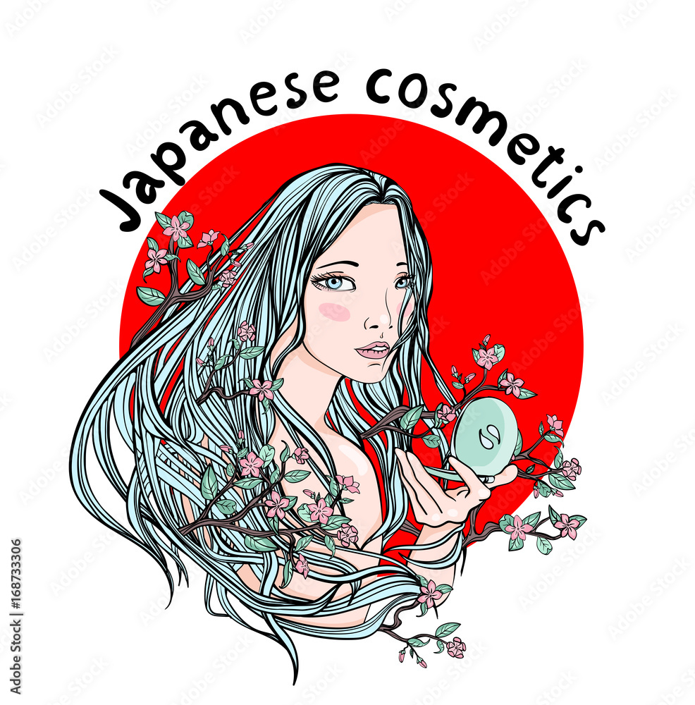 Japanese cosmetics. Beautiful asian woman in the branches of the cherry ...