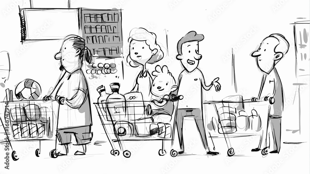 People in a supermarket Vector sketch for storyboard, projects, cartoon ...
