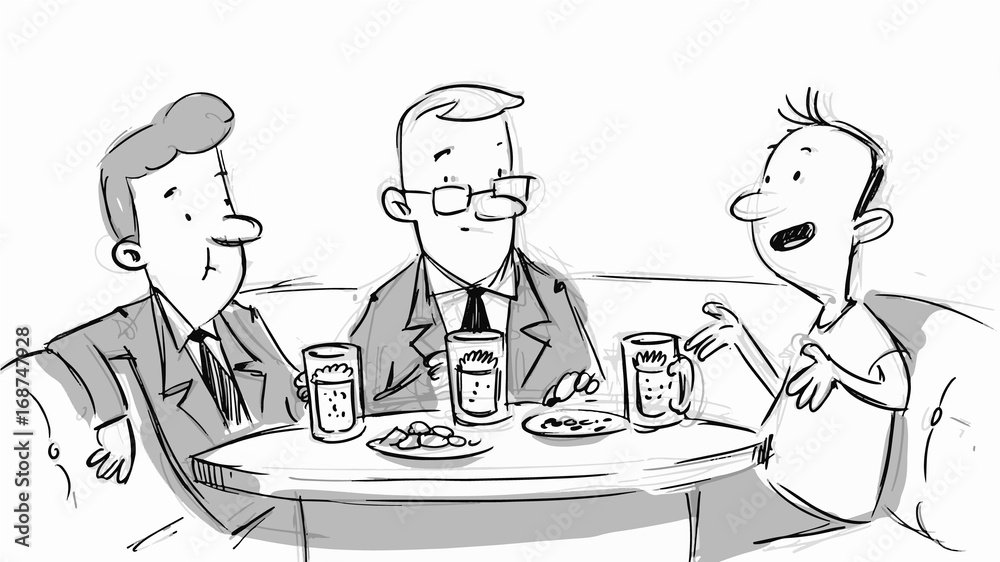 Three man at a table. Business lunch or lunch with friends. Vector ...