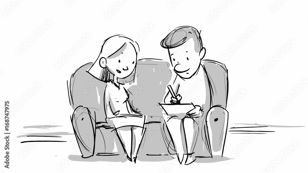 Couple discussing on a sofa. Vector sketch for storyboard, projects ...