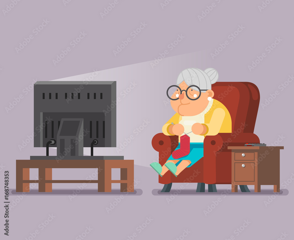 Old Lady Watching TV Sit Armchair Cartoon Character Flat Design Vector ...