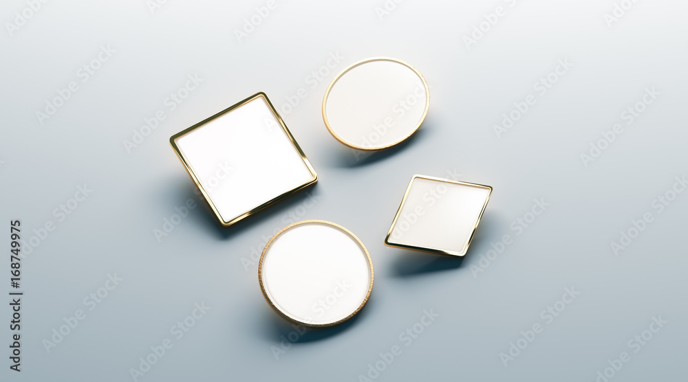 Blank white gold lapel badge mock ups set, round, square, rhombus ... Blank white gold lapel badge mock ups set, round, square, rhombus ...