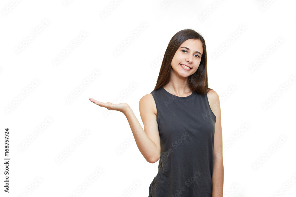 Young excited woman standing happy smiling holding her hand showing ...