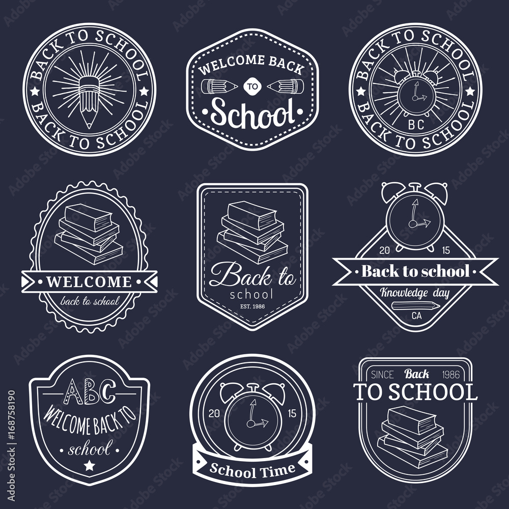 Vector set of vintage Back to School labels. Retro signs, icons ...