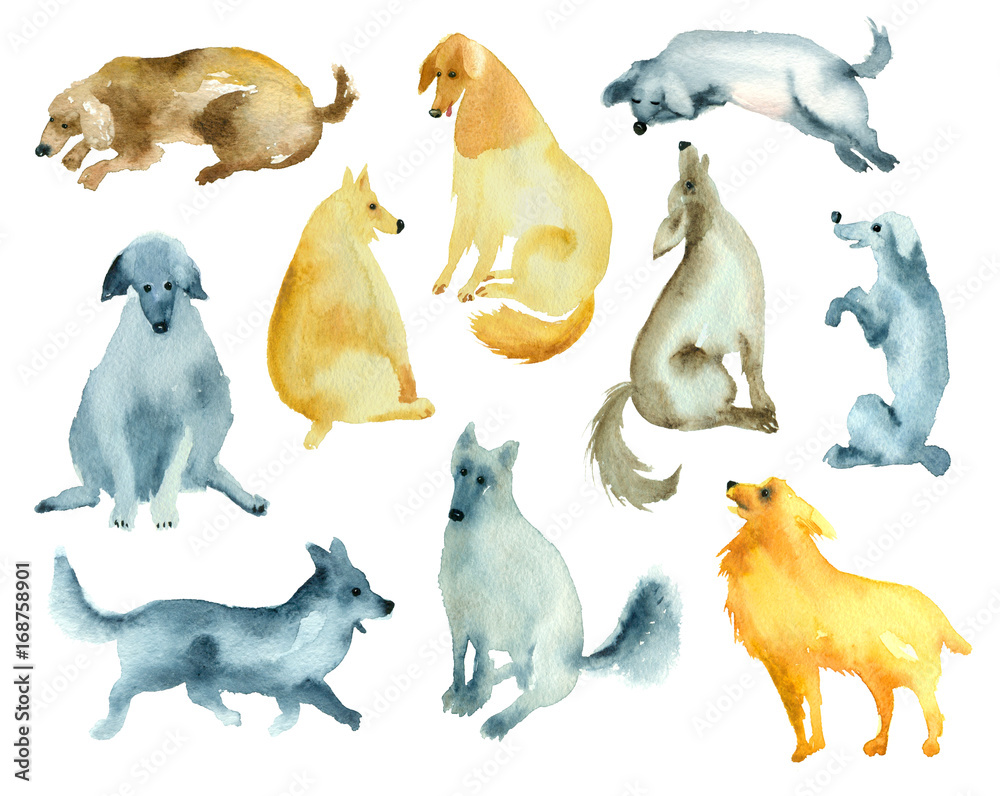 Watercolor painting. Set of funny cartoon sketches of dogs on a white ...