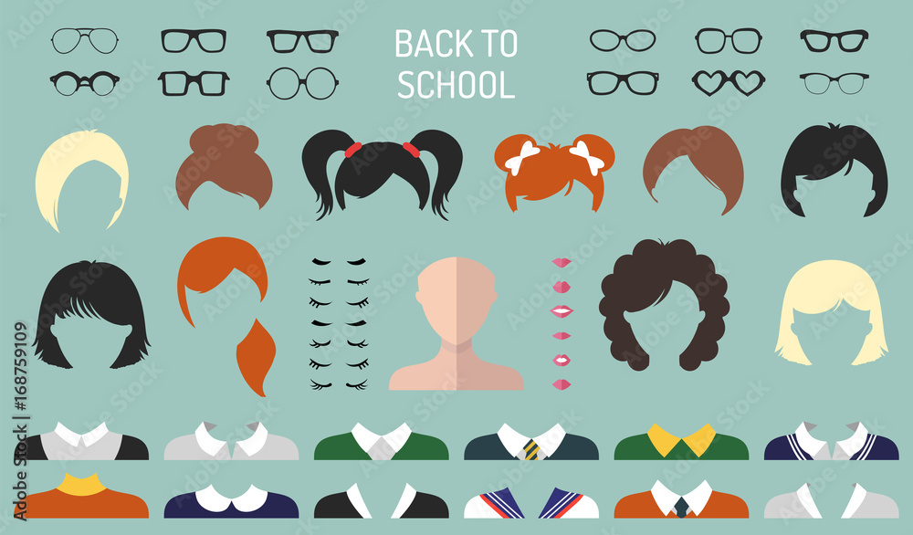 Back to school Faces creator. Vector set of dress up constructor with ...