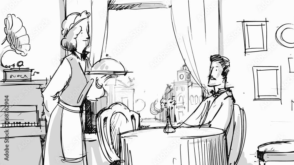 Man in a restaurant receiving his order Vector sketch for projects ...