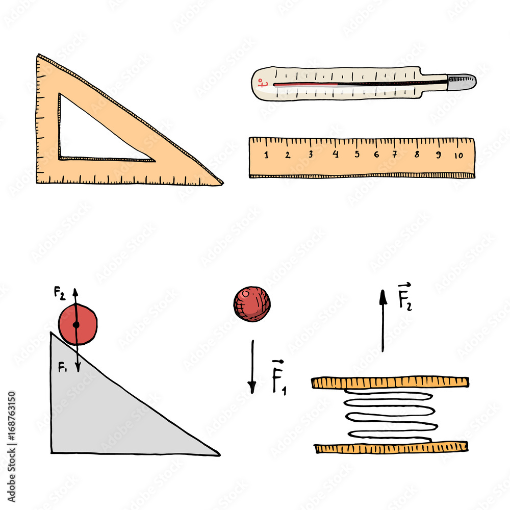 Ruler and thermometer, circuit and graph. engraved hand drawn in old ...