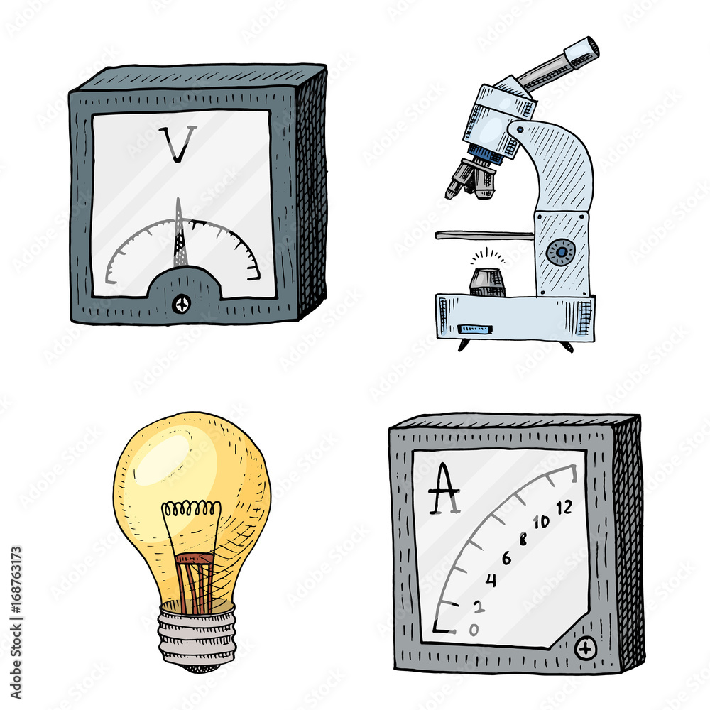 ammeter or voltmeter, microscope and light bulb. engraved hand drawn in ...