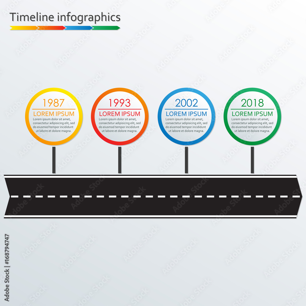 Timeline infographics template. Road arrow with 4 steps, options or ...