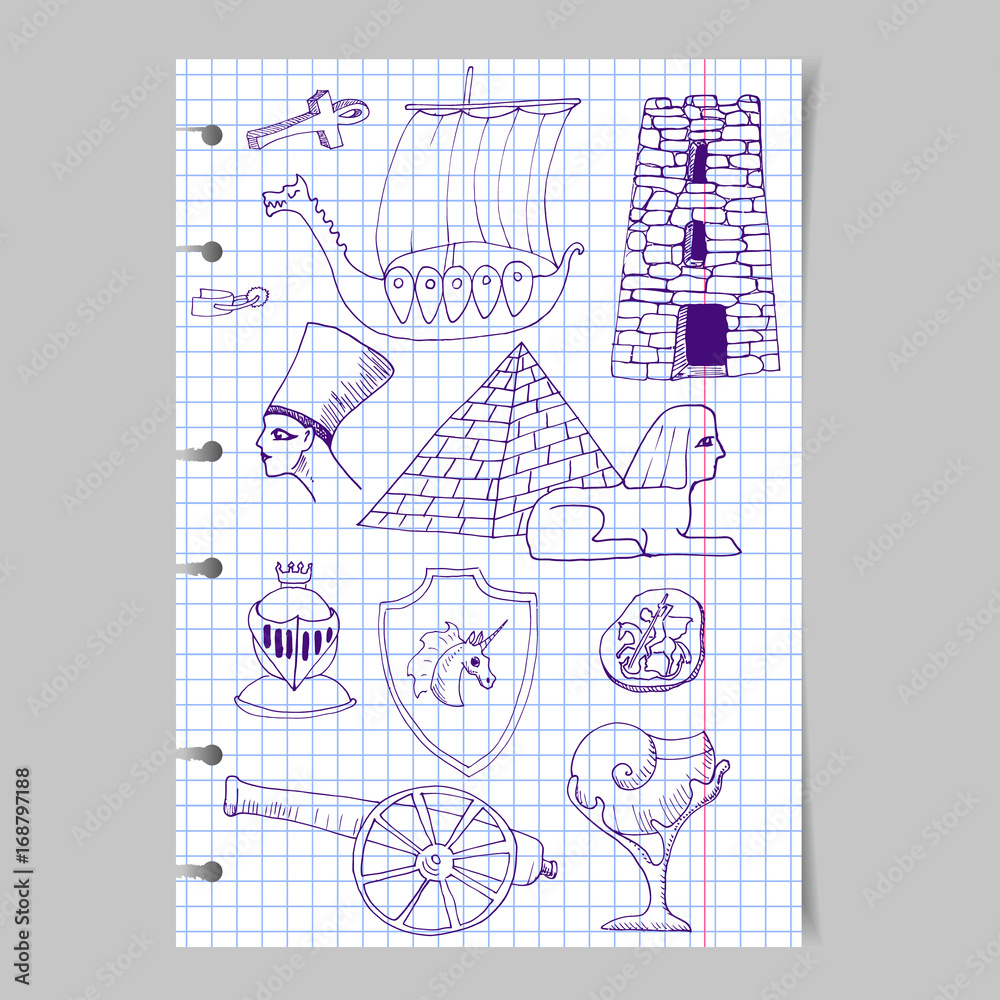 Set of elements of the "Ancient and medieval History" sheet in the box ...