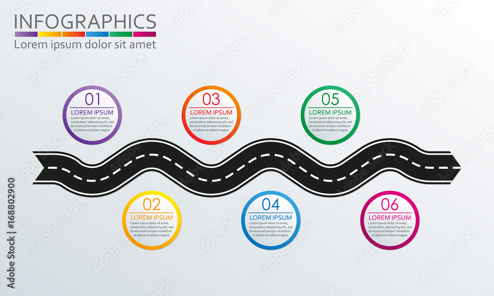 Winding road with 6 steps, options or levels. Step by step infographics ...