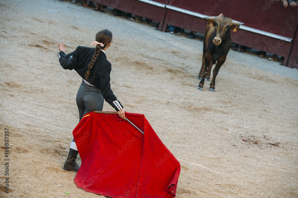 Corrida. Matador woman Fighting in a typical Spanish Bullfight Stock ...