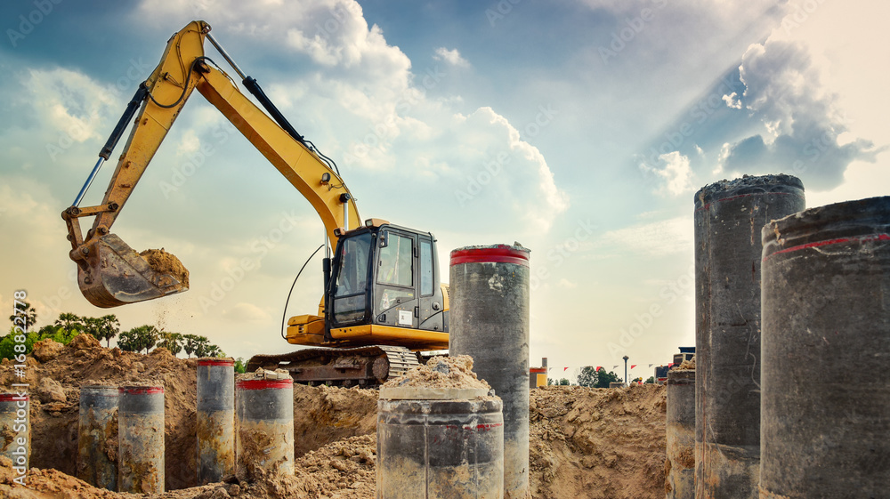 excavator blue sky heavy machine construction site soil excavate for ...