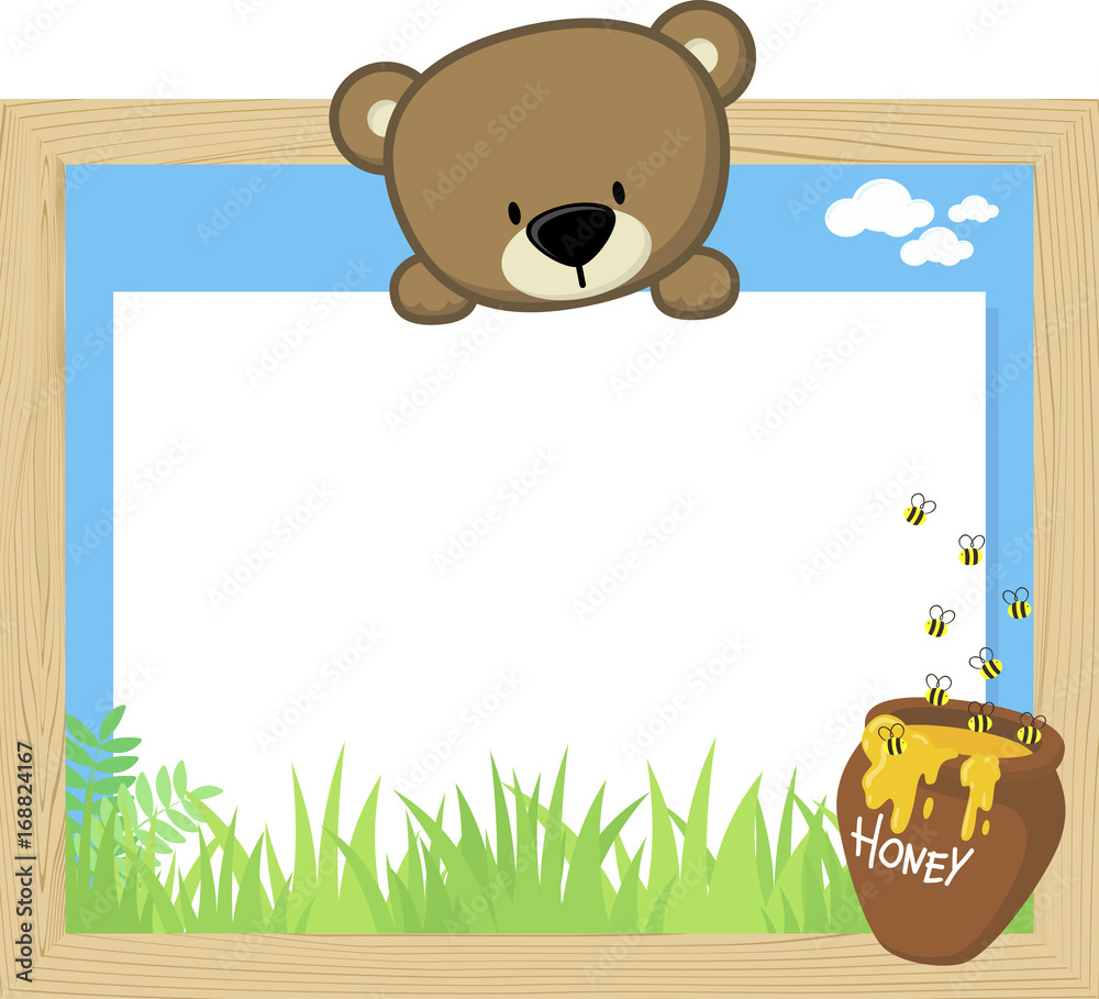 wood frame with cute baby bear and blank board for copy space, design ...