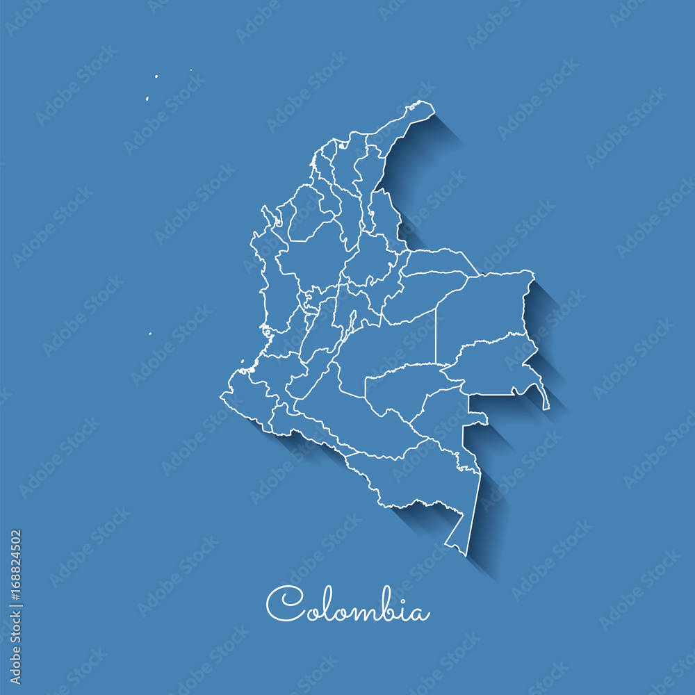 Colombia region map: blue with white outline and shadow on blue ...