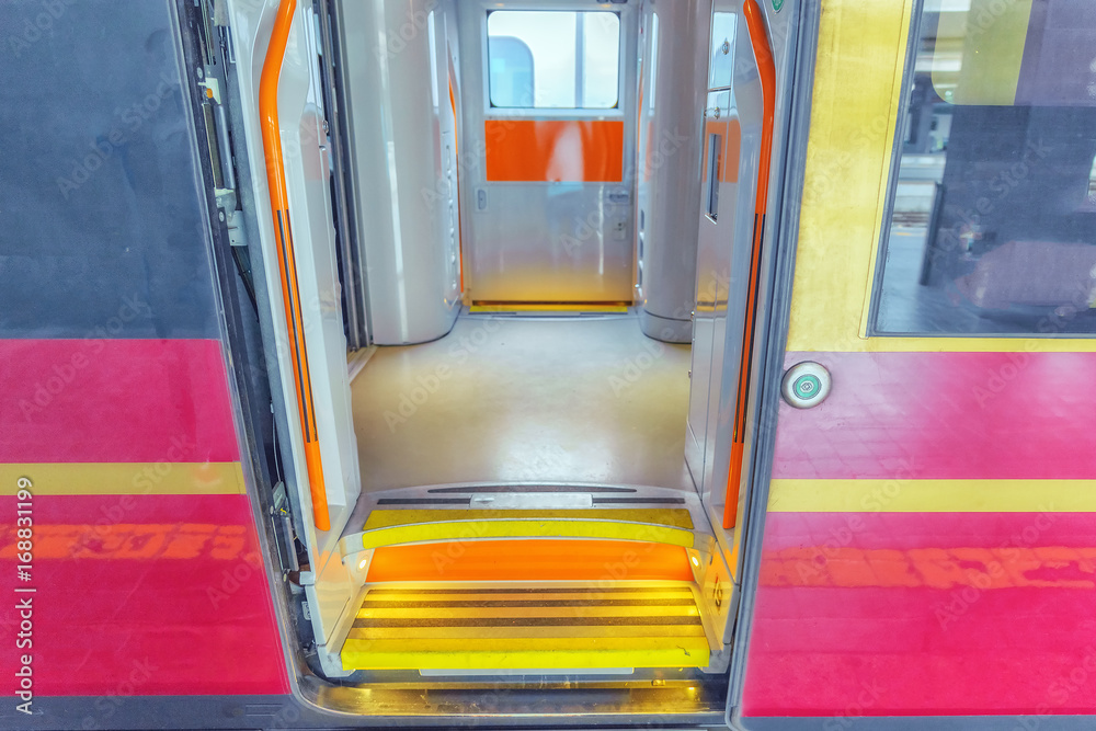 Entrance to the corridor (vestibule) of a high-speed passenger modern ...