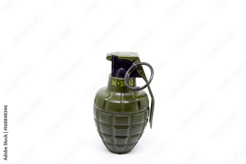 green metal hand grenade with round pin over When I pull out it will ...