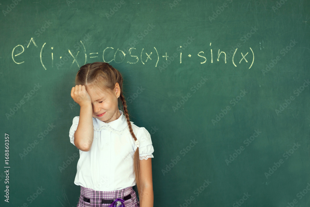 Child girl schoolgirl and compound formula on the chalkboard. Complex ...