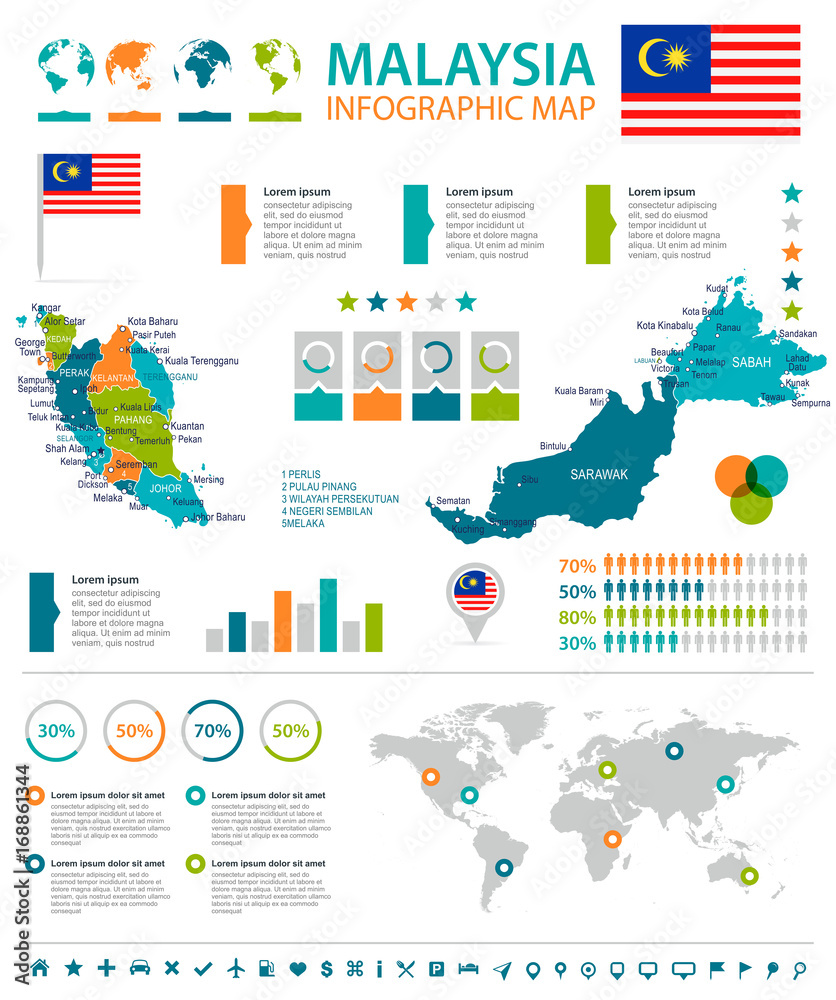Malaysia - infographic map and flag - illustration Stock Vector | Adobe ...